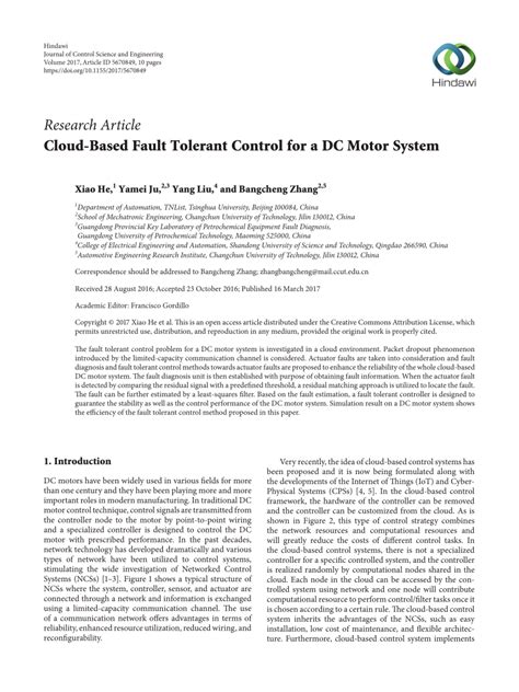 Pdf Cloud Based Fault Tolerant Control For A Dc Motor System