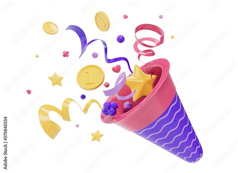 D Party Popper With Explosion Confetti Coins Shapes Colorful Confetti Explosion Celebration