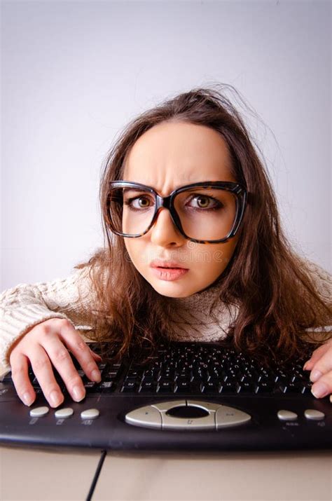 Funny Nerd Girl Working On Computer Stock Image Image Of Computer Comic 155677939