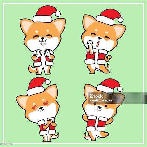 귀여운 가와이이 만화 손으로 그린 시바 이누 개 캐릭터 일러스트 와 크리스마스 모자 컬렉션 세트 2 0명에 대한 스톡 벡터 아트 및 기타 이미지 Istock