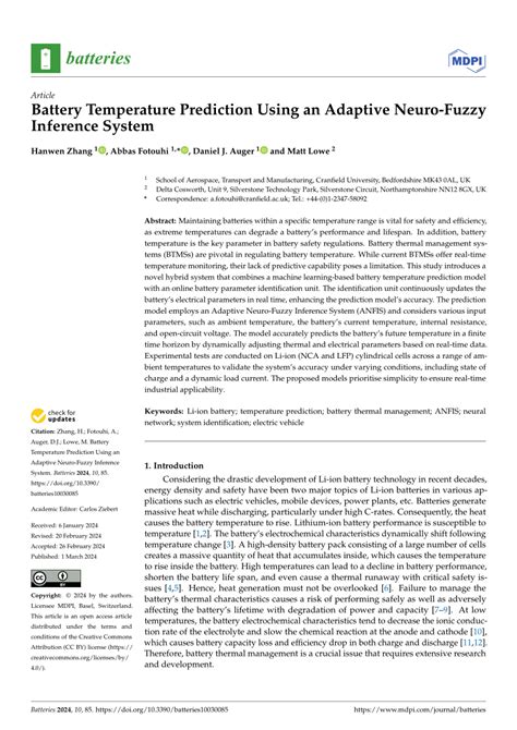 Pdf Battery Temperature Prediction Using An Adaptive Neuro Fuzzy Inference System