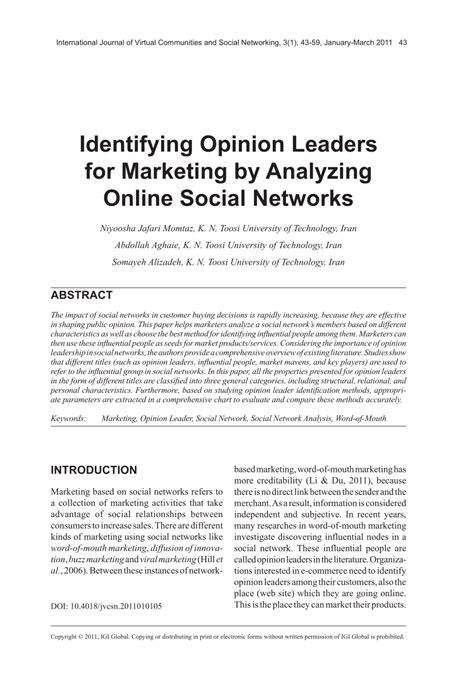 Pdf Identifying Opinion Leaders For Marketing By Analyzing Online Social Networks
