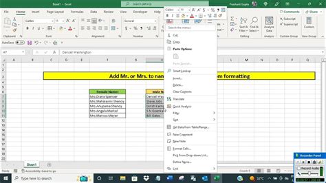 add mr or mrs to names in excel using custom formatting youtube