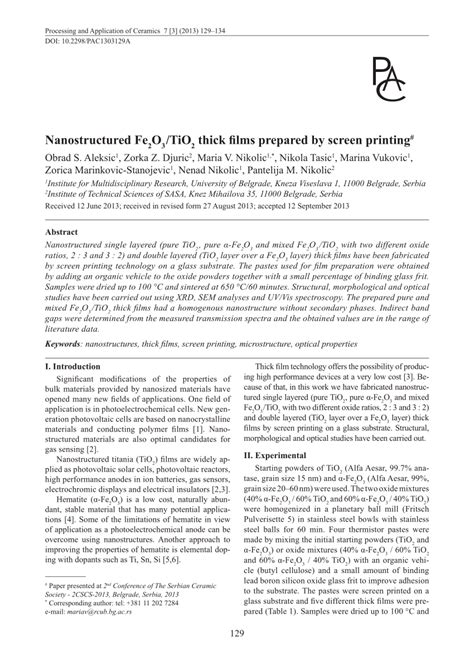 Pdf Nanostructured Fe2o3 Tio2 Thick Films Prepared By Screen Printing