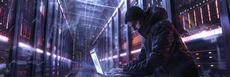 A Hacker Is Focused On A Laptop Surrounded By Server Racks Indicating A