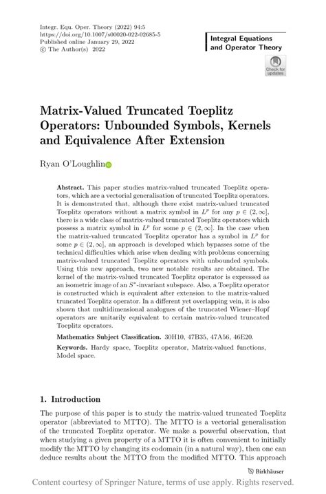 Pdf Matrix Valued Truncated Toeplitz Operators Unbounded Symbols