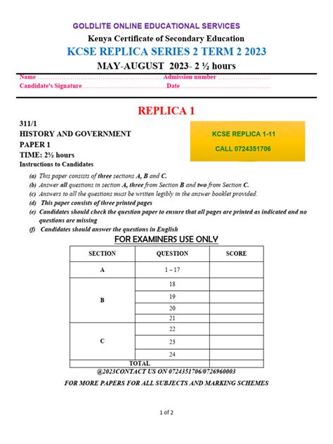 Kcse Replica Hist Pp1 2023 New Pdf Kenya