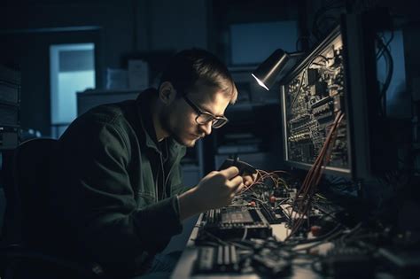 Premium Photo A Man Working On A Computer With A Lamp On The Table