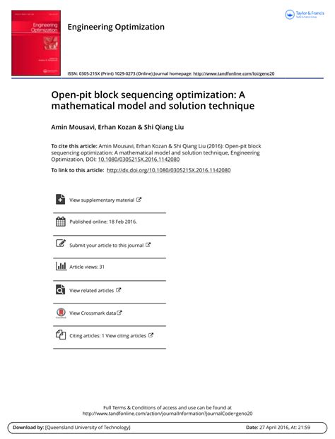 Pdf Open Pit Block Sequencing Optimization A Mathematical Model And Solution Technique