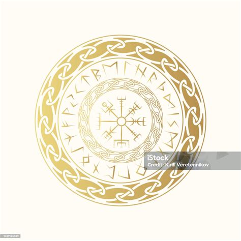황금 바이킹 상징 베그비시르 마법의 룬 문자 나침반 스칸디나비아 룬의 원 켈트 스타일의 벡터 격리 된 그림입니다 룬에 대한 스톡 벡터 아트 및 기타 이미지 Istock