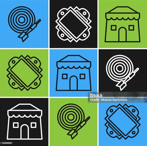 세트 라인 클래식 다트 보드와 화살표 서커스 텐트와 티켓 아이콘 벡터 건네주기에 대한 스톡 벡터 아트 및 기타 이미지 건네주기 경쟁 공연 Istock