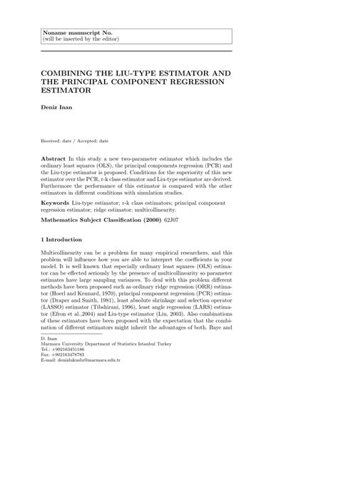 Pdf Combining The Liu Type Estimator And The Principal Component