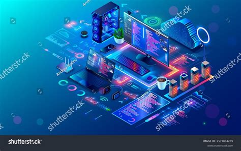 Computer Technology Isometric Concept Software Development Stock Vector