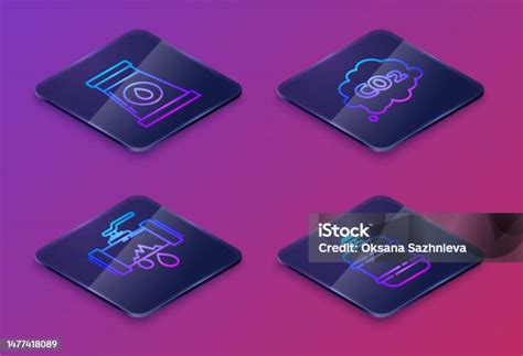 아이소메트릭 라인 설정 석유 및 가스 산업 공장 건물 물이 새는 깨진 금속 파이프 구름 및 프로판 가스 탱크의 Co2 배출량 파란색 사각형 버튼 벡터 3차원 형태에 대한