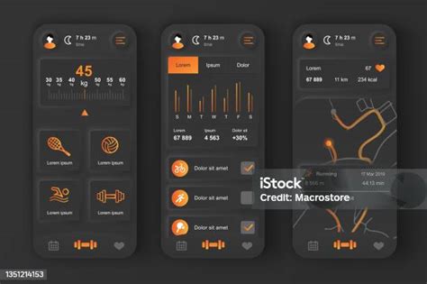 피트니스 운동 개념 호형성 템플릿 세트 스포츠 활동 추적기 체중 검사 실행을위한 경로와지도 반응형 모바일 앱을 위한 Ui Ux