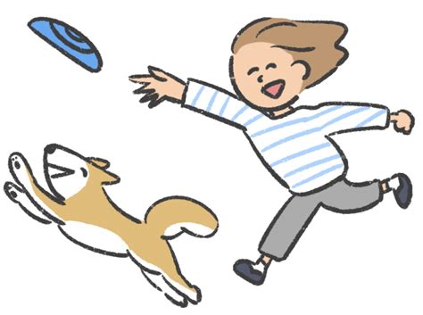 飼い主とフリスビーで遊ぶ柴犬のイラスト Onwaイラスト