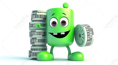 창의적인 3d 렌더링 마스코트 흰색 배경에 영화 요소가 포함된 현금 더미를 들고 있는 장난스러운 캐릭터 3d 요소 배경 요소 배경 캐릭터 배경 이미지 Hd 3d