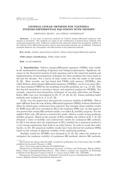 Pdf General Linear Methods For Volterra Integro Differential Equations With Memory