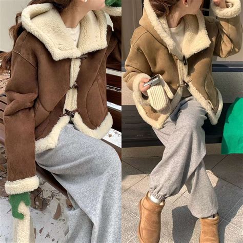 후드 떡볶이 단추 더플 퍼안감 루즈핏 무스탕 자켓 점퍼 2color 에이블리