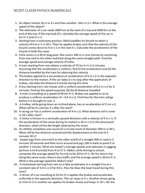 Class9 Ncert Numericals Pdf Force Acceleration