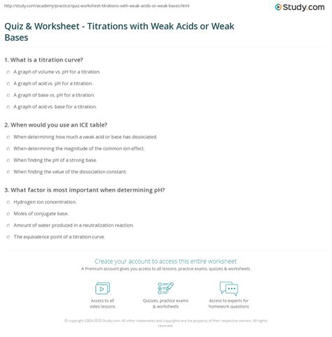Quiz And Worksheet Titrations With Weak Acids Or Weak Bases