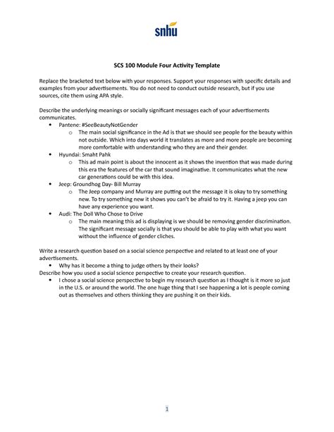 SCS Module Four Activity Template Jennifer Dunbar SCS Module Four Activity Template