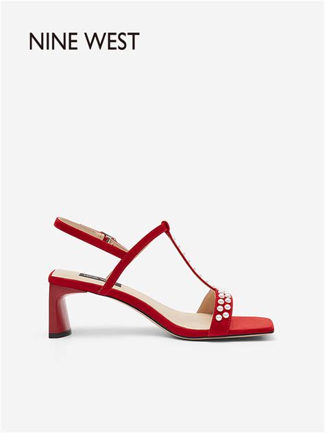 Nine West玖熙夏季新款珍珠一字带丁字式粗跟凉鞋方头高跟鞋女 Ninewest·玖熙