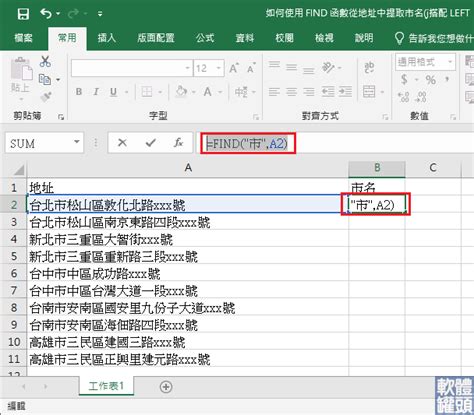 Excel 教學 如何使用 Find 函數從地址中提取市名搭配 Left 函數 軟體罐頭