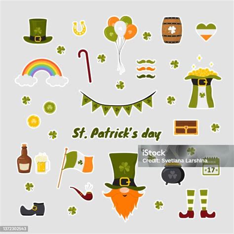 성 패트릭 데이 스티커 귀여운 축제 요소 플랫 만화 스타일의 벡터 일러스트레이션 아일랜드 휴가를 위한 손으로 그린 아이콘 St Patricks Day에 대한 스톡 벡터