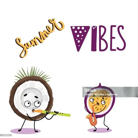 귀여운 캐릭터 재미있는 과일 코코넛 및 악기와 열정 과일의 벡터 일러스트레이션 아이들을위한 티셔츠 디자인 여름 시간 여름 분위기