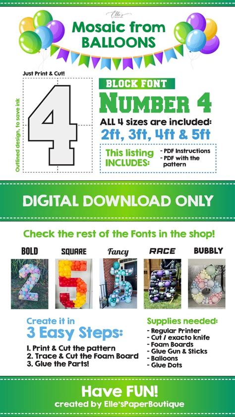 Number 4 Block Font Balloon Mosaic Template Mosaic Number Etsy