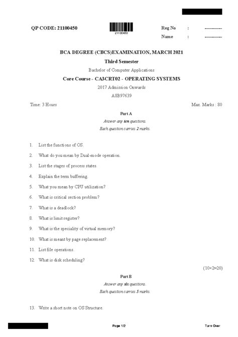 Bca 3 Sem Operating Systems 21100450 Mar 2021 Qp Code 21100450 Reg No