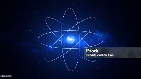 별이 빛나는 하늘에 파란색 네온 원자의 3d 모델 애니메이션입니다 발광 입자 분자는 가벼운 타원의 빔 주위를 회전합니다 물리학