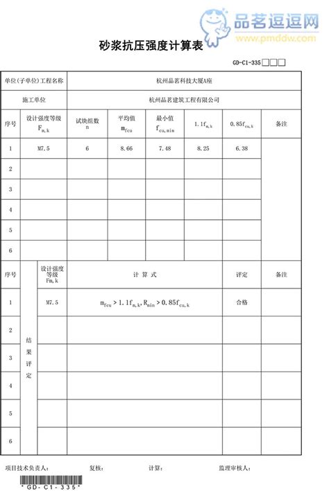 GD C1 335 砂浆抗压强度计算表 品茗逗逗网 品茗施工软件服务平台