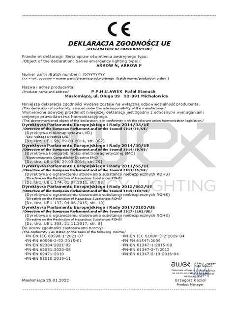 Declaration Of Conformity Arrow Series Pdf