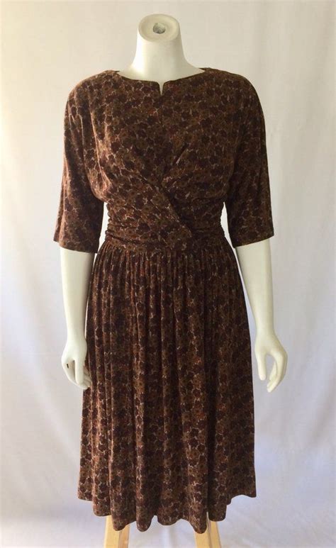 Vintage 1950s Brown Floral Jersey Day Dress New Look Dress