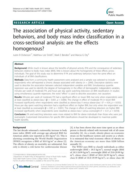 Pdf The Association Of Physical Activity Sedentary Behaviors And Body Mass Index