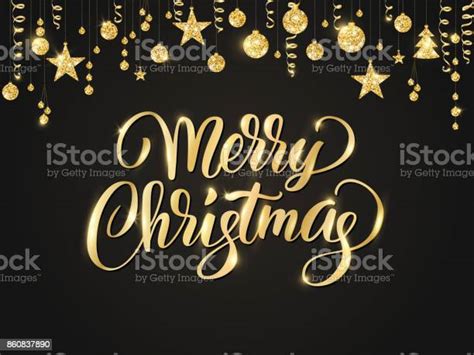 메리 크리스마스 손으로 글자를 작성 골든 반짝이 테두리 공 및 리본에 매달려 함께 화 환입니다 갈란드 장식품에 대한 스톡 벡터