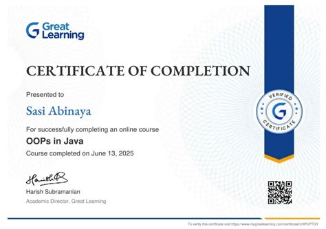 Hi All I Have Successfully Completed The Course Oops In Java Offered By Greatlearning Academy