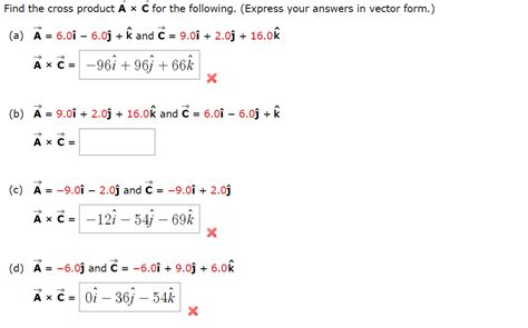 Solved Find The Cross Product A C For The Following Chegg