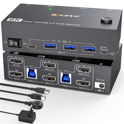 2 Port Dual Monitor 8K60Hz HDMI USB3 0 KVM Switch With Wired Remote Control And USB Cable KC