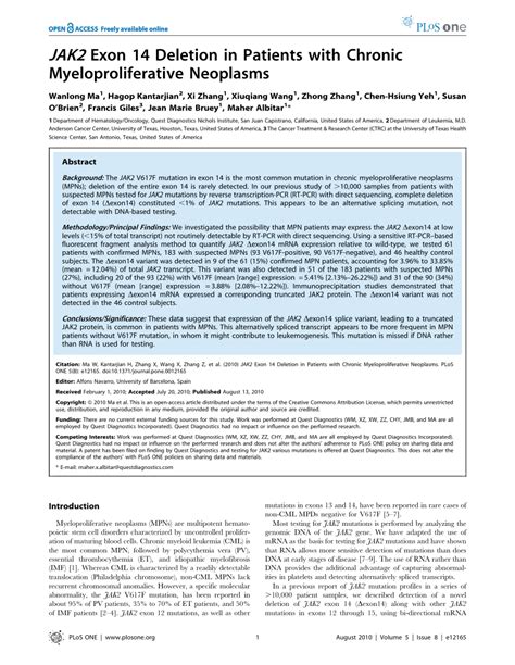 Pdf Jak2 Exon 14 Deletion In Patients With Chronic Myeloproliferative Neoplasms