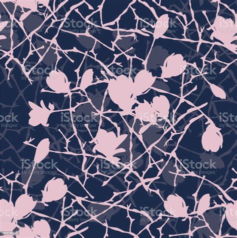 벡터 꽃 패턴 완벽 한 집입니다 가지와 어두운 파란색 배경에 분홍색 목련 꽃의 실루엣 개화기에 대한 스톡 벡터 아트 및 기타 이미지 개화기 고풍스런 꽃 나무 Istock