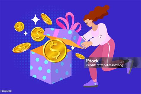 여자는 금화가 떠 있는 선물 상자를 엽니다 로열티 및 추천 마케팅 프로그램 온라인 보상 선물 상자 금화 소비자 보상 벡터 일러스트 레이 션 Bonus March에 대한 스톡