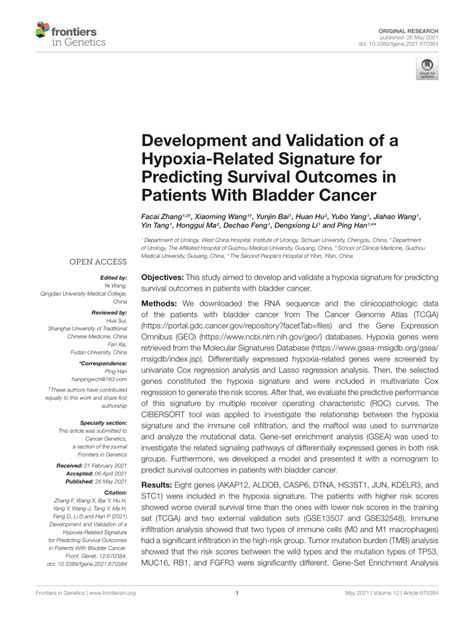 Pdf Development And Validation Of A Hypoxia Related Signature For Predicting Survival Outcomes