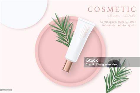 천연 화장품 및 스킨 케어 제품 광고 템플릿은 나뭇잎이 있는 분홍색 배경에 있습니다 3차원 형태에 대한 스톡 벡터 아트 및 기타