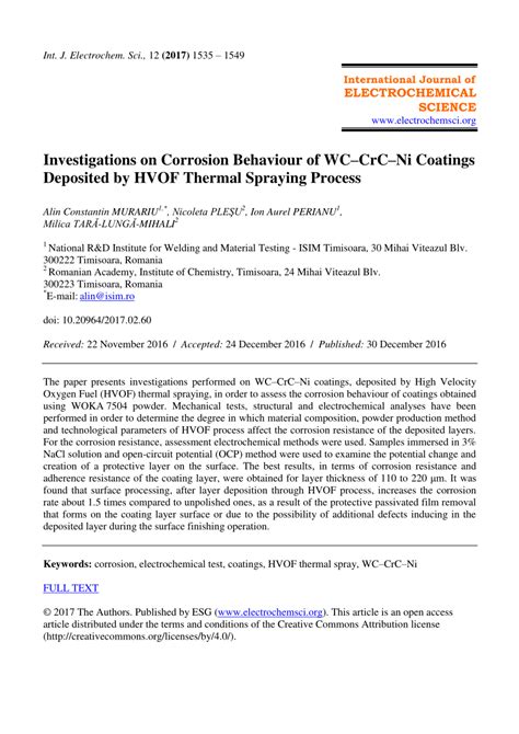 Pdf Investigations On Corrosion Behaviour Of Wccrcni Coatings
