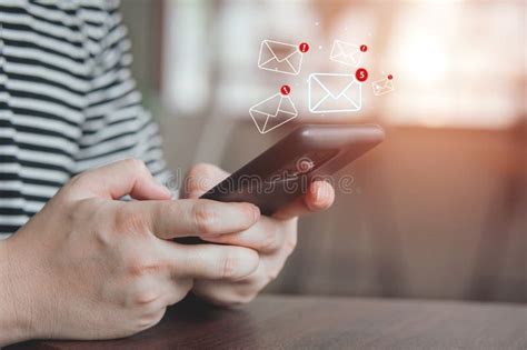Electronic Mail With Message Notification Hand Pressing Smartphone To Send Text Message On