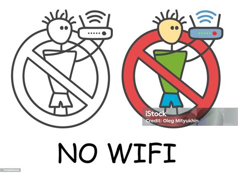 어린이 스타일의 라우터를 가진 재미있는 벡터 스틱 남자 Wifi 신호 표시 빨간색 금지가 없습니다 정지 기호입니다 지역 장소에 대한 금지 아이콘 스티커 흰색 배경에 격리