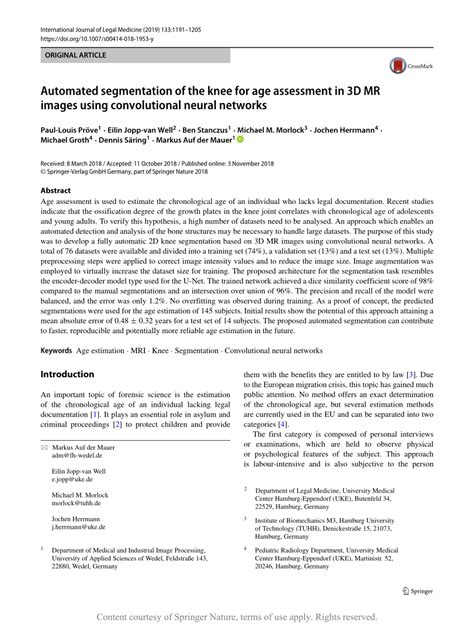 Automated Segmentation Of The Knee For Age Assessment In 3d Mr Images Using Convolutional Neural